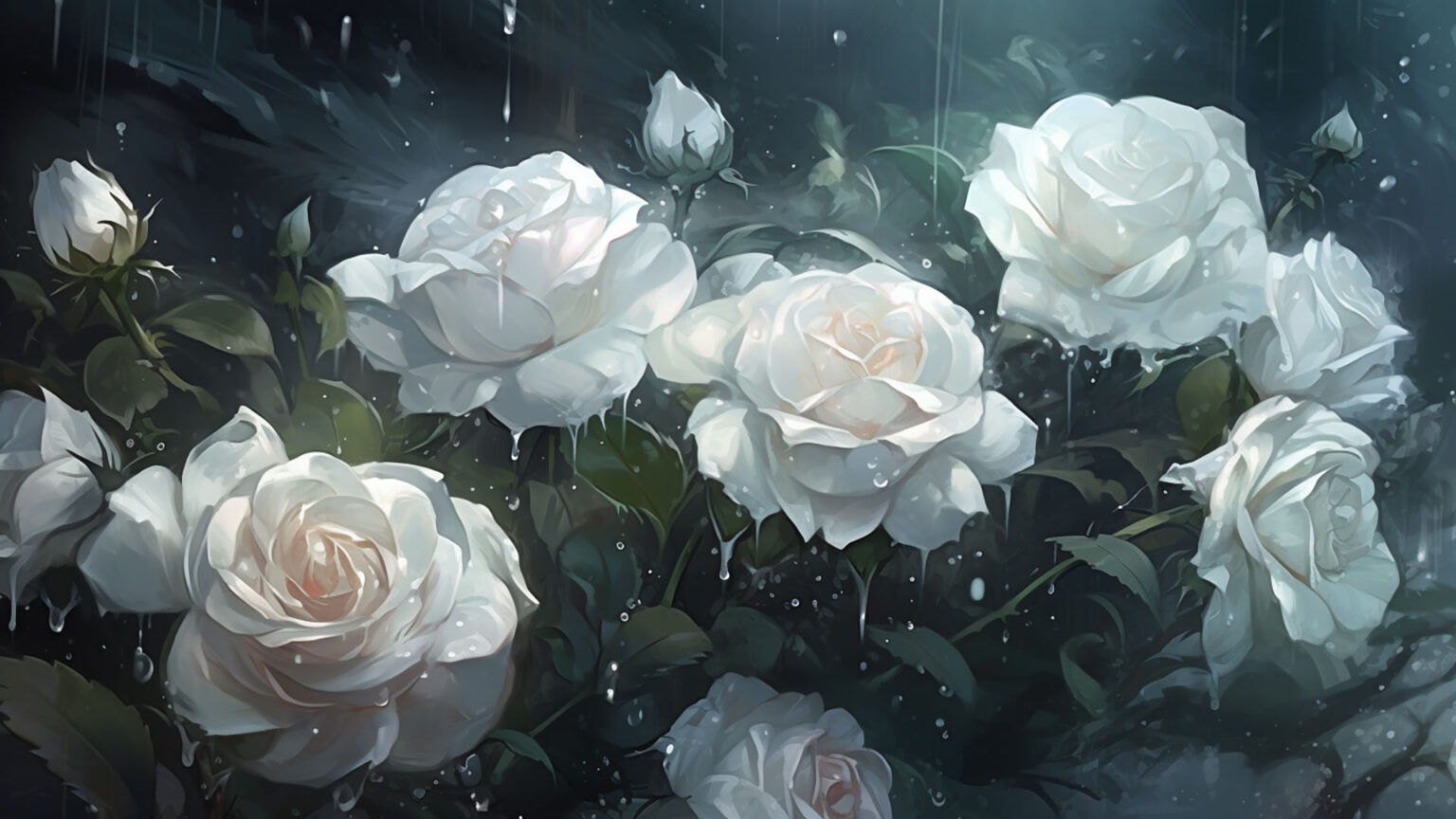 【フリー素材】雨に打たれる白い薔薇（6枚）