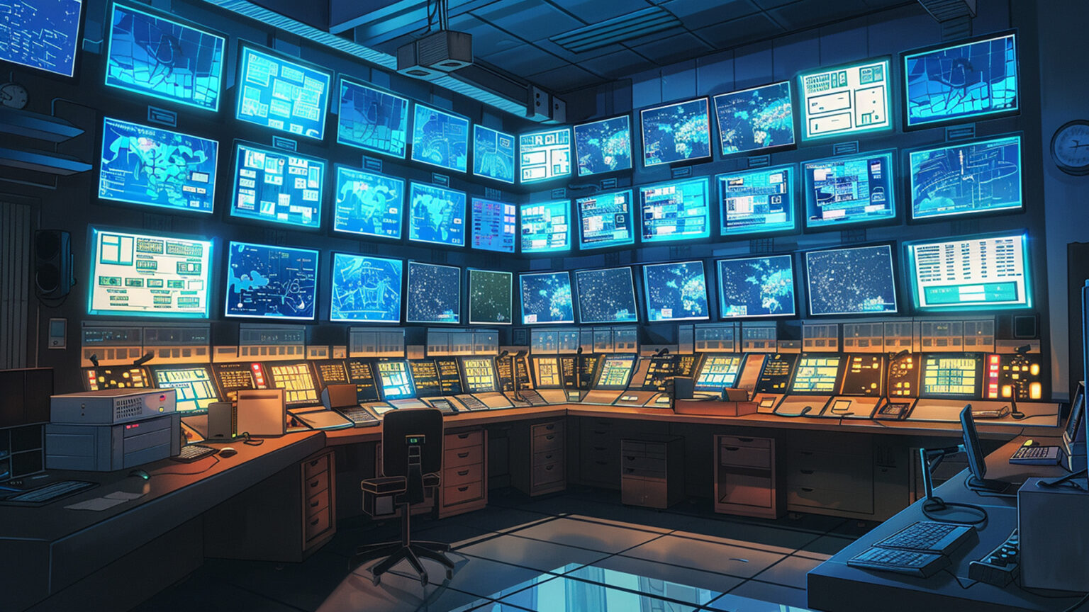 【フリー素材】巨大モニターが並ぶ指令室（8枚）