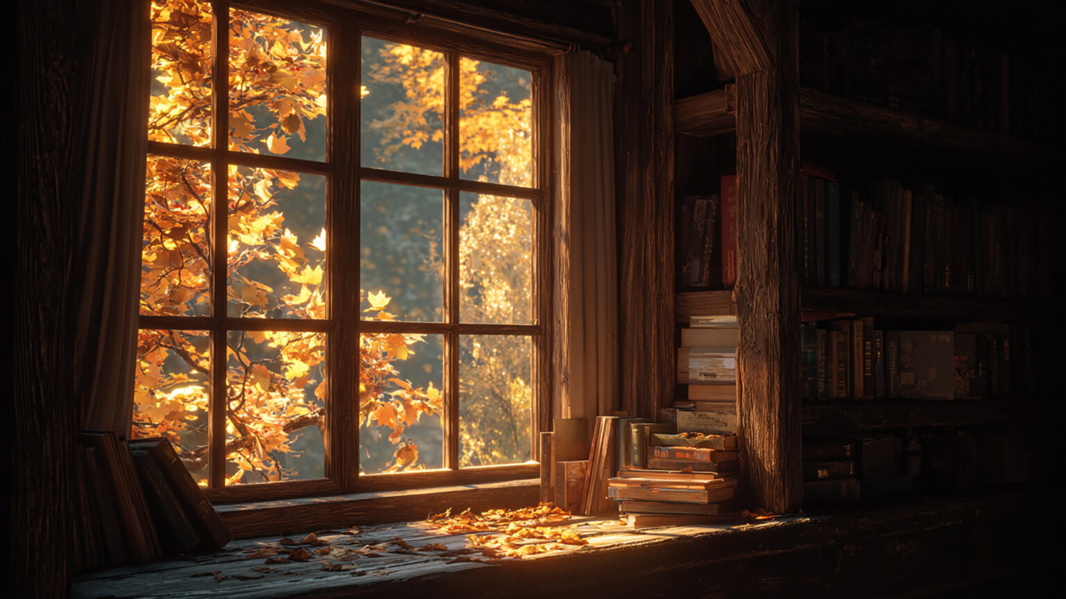 【フリー素材】古い木製図書館の窓辺（3枚）