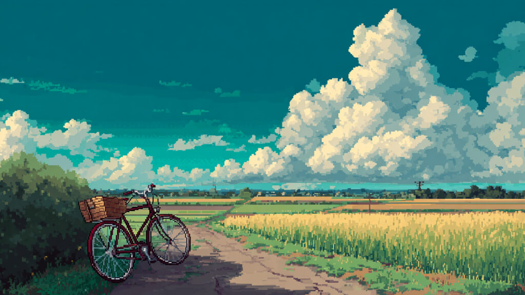 【フリー素材】ドット絵風｜自転車と田園の背景素材（3枚）